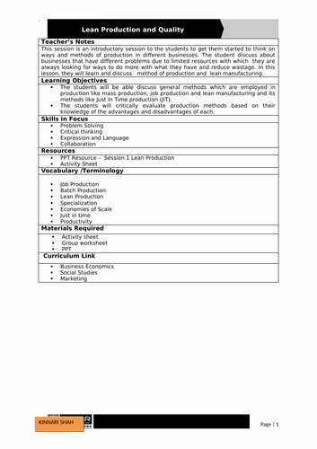 Lesson plan_Business_Methods of production | Teaching Resources