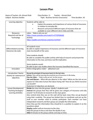 Lesson Plan _Business Studies_ Insurance | Teaching Resources