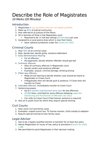 A-Level Law: Magistrates Essay + Model + Plan | Teaching Resources
