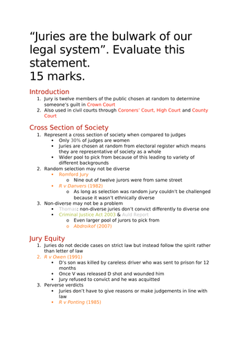 A-Level Law: Jury Evaluation Essay + Plan + Model | Teaching Resources