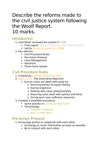 A-Level Law: Woolf Reforms Essay + Model + Plan | Teaching Resources