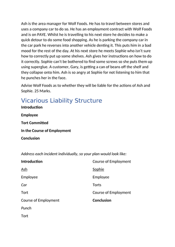 A-Level Law: Vicarious Liability Scenario Essay + Model + Plan ...