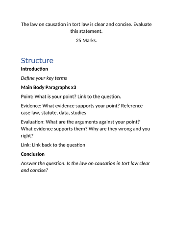 A-Level Law: Causation Evaluation Essay + Model + Plan | Teaching Resources