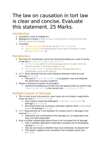 A-Level Law: Causation Evaluation Essay + Model + Plan | Teaching Resources