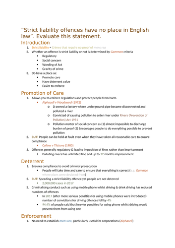 A-Level Law: Strict Liability Evaluation Essay + Model + Plan | Teaching Resources