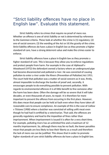 A-Level Law: Strict Liability Evaluation Essay + Model + Plan | Teaching Resources