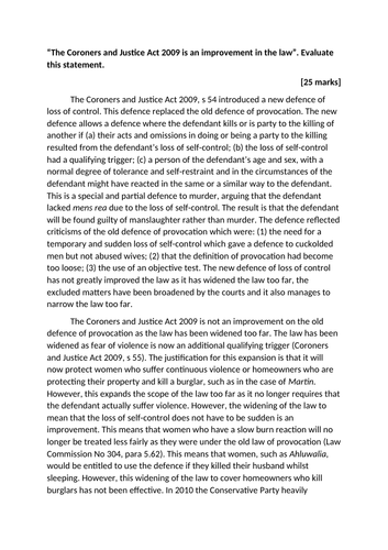 A Level Law Voluntary Manslaughter Evaluation Model Plan