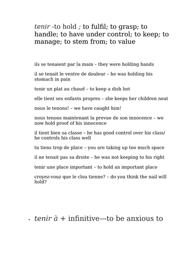 French A level - revision notes on the multifaceted verb 'tenir ...