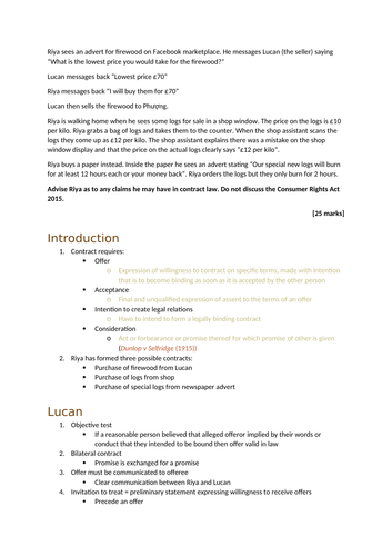 A-Level Law: Contract Law Starter Scenario + Model + Plan (Offer and ...