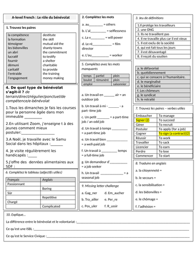 A-level French: Le rôle du bénévolat (Conti style) | Teaching Resources