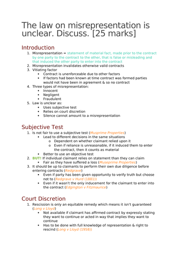 A-Level Law: Misrepresentation Evaluation Essay + Model + Plan ...
