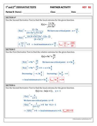 First & Second Derivative Tests - Partner Activity | Teaching Resources
