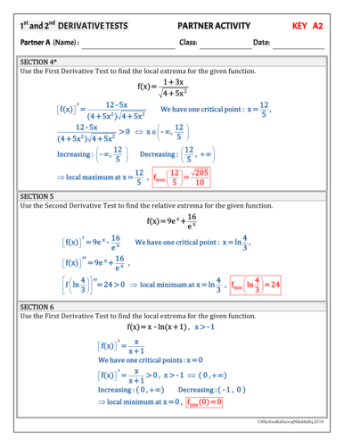 First & Second Derivative Tests - Partner Activity | Teaching Resources