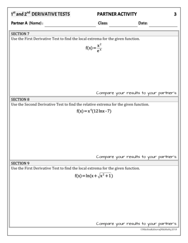 First & Second Derivative Tests - Partner Activity | Teaching Resources