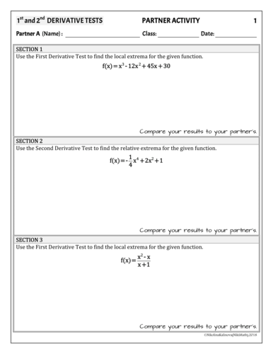 First & Second Derivative Tests - Partner Activity | Teaching Resources