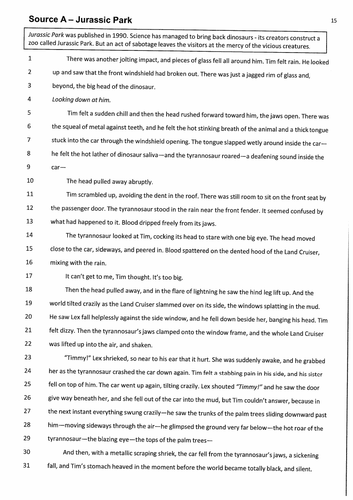 AQA GCSE English Lang Paper 1 Jurassic Park M. Crichton Q1-Q5 grade 9 ...