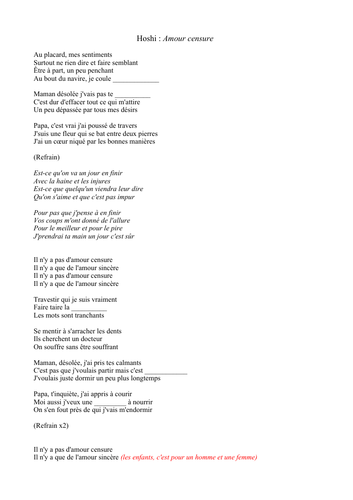 La musique engagée + la famille - Hoshi "Amour censure" | Teaching ...