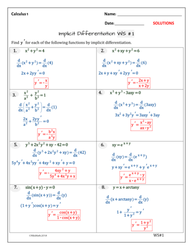 Implicit Differentiation - 2 WS - 16 various problems - typed solutions ... Implicit Differentiation - 2 WS - 16 various problems - typed solutions ...
