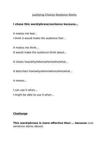 Sentence Stems Justifying Vocabulary Choices | Teaching Resources