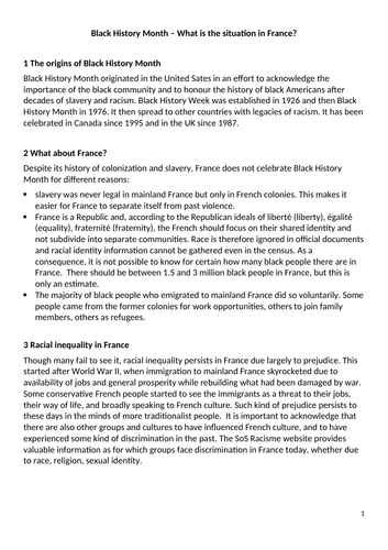 Black History Month in France -KS4 | Teaching Resources