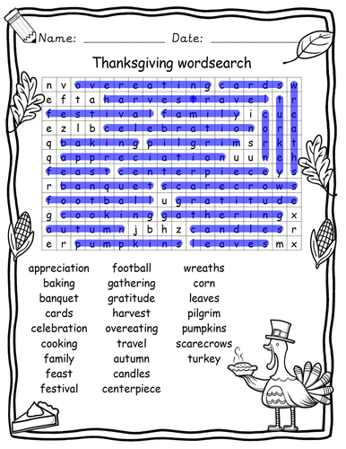 Cute Thanksgiving wordsearches with answers | Teaching Resources