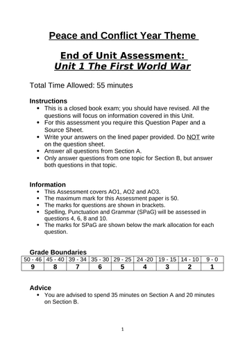 End of Unit Assessment Unit 1: The First World War | Teaching Resources