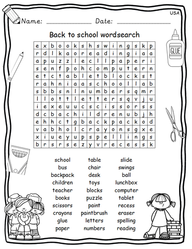 Cute Back to School - UK and USA wordsearches with answers - Early ...