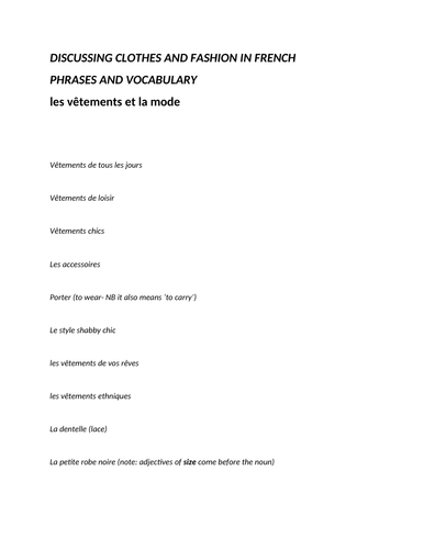 Home School Resource French Language - worksheet - discussing clothes ...