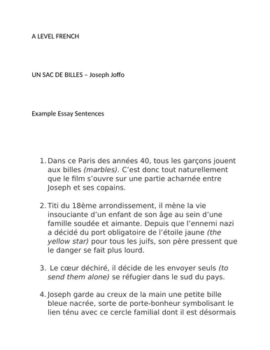 Studying Un Sac de Billes A LEVEL FRENCH -revision notes | Teaching ...