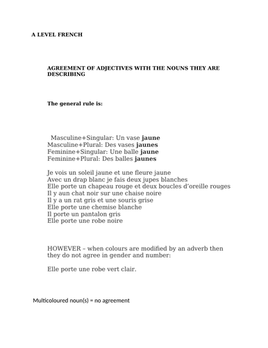 A LEVEL FRENCH COLOURS AS ADJECTIVES - the rule with objects that are ...