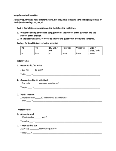 Irregular preterit questions and conjugation worksheet | Teaching Resources