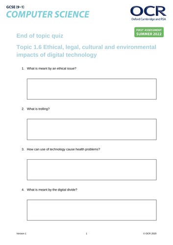 J277 OCR GCSE Computer Science: 1.6 Ethical CEL Issues - END OF UNIT ...