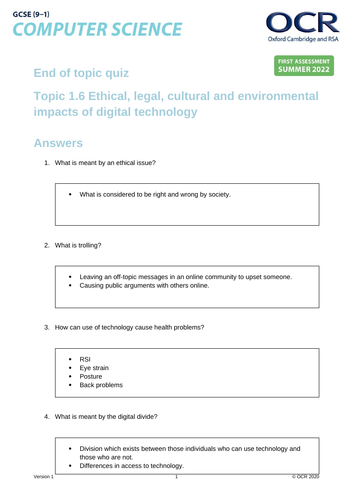 J277 OCR GCSE Computer Science: 1.6 Ethical CEL Issues - END OF UNIT ...