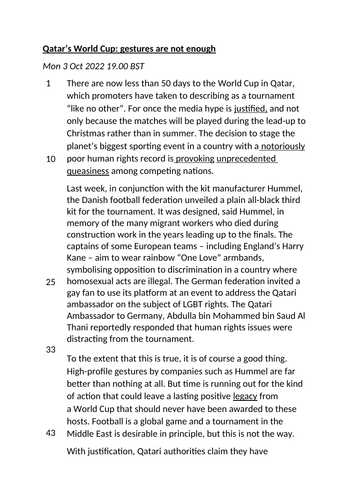 Qatar World Cup controversies. Paper 2 non-fiction skills. Reading and ...