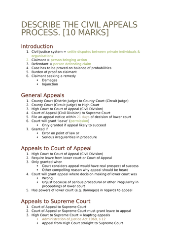 A-Level Law: Civil Appeals 10 Marker Essay + Model + Plan | Teaching ...