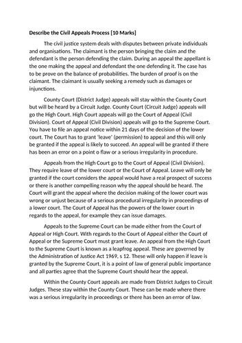 A-Level Law: Civil Appeals 10 Marker Essay + Model + Plan | Teaching ...