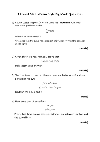 AS Maths Exam Style Big Mark Questions | Teaching Resources