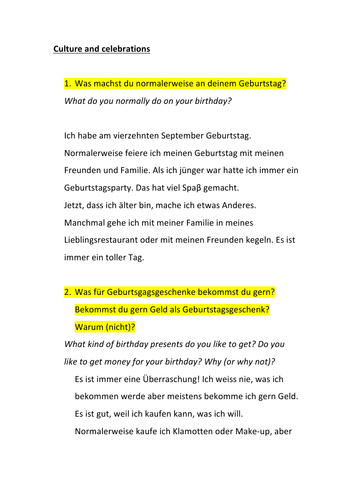 GCSE German Model Answers Culture and Celebrations CCEA | Teaching ...
