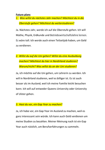 GCSE German Future Plans Model Answers CCEA | Teaching Resources