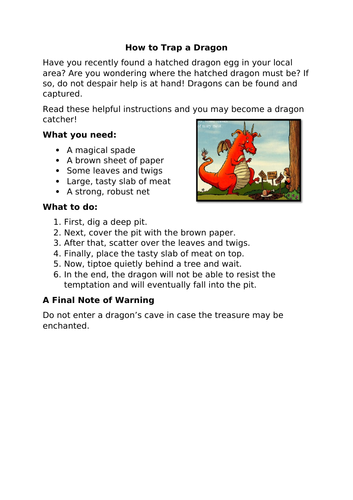 Year 2 talk for writing instructions how to trap a dragon | Teaching ...