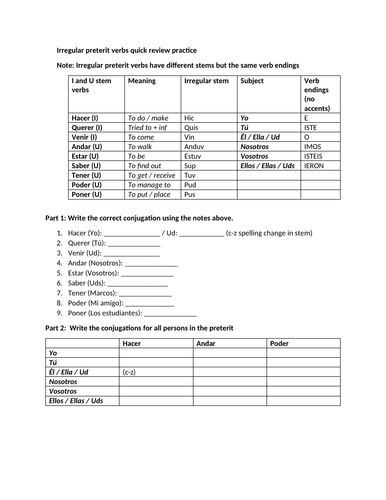 Irregular preterit quick review practice | Teaching Resources