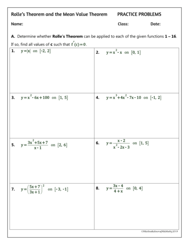 Rolle's Theorem & The Mean Value Theorem - 30 practice problems ...