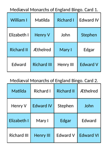 Medieval Monarchs Bingo: FUN! | Teaching Resources