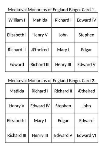 Medieval Monarchs Bingo: FUN! | Teaching Resources