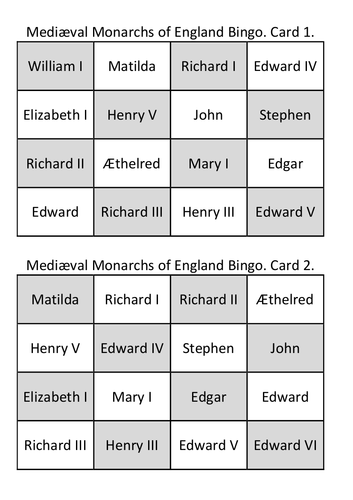 Medieval Monarchs Bingo: FUN! | Teaching Resources