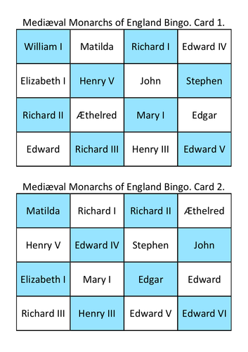 Medieval Monarchs Bingo: FUN! | Teaching Resources