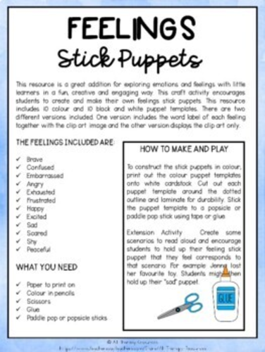 Feelings Stick Puppets - Learning about my Feelings and Emotions Craft ...