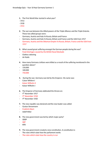 Key Topic Quizzes - Edexcel GCSE History Nazi Germany | Teaching Resources