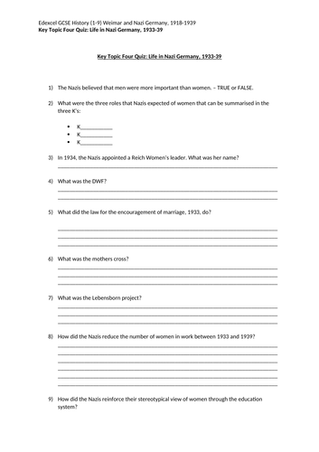 Key Topic Quizzes - Edexcel GCSE History Nazi Germany | Teaching Resources