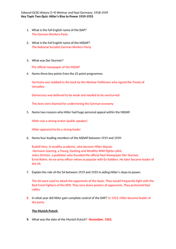 Key Topic Quizzes - Edexcel GCSE History Nazi Germany | Teaching Resources